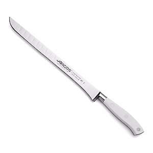 ARCOS Forged Slicing Knife / Ham Knife 10 Inch Nitrum Stainless Steel and 250 mm blade. Ergonomic Polyoxymethylene POM Handle. Series Riviera Blanc. Thin blade with a characteristic smooth edge. Color White.