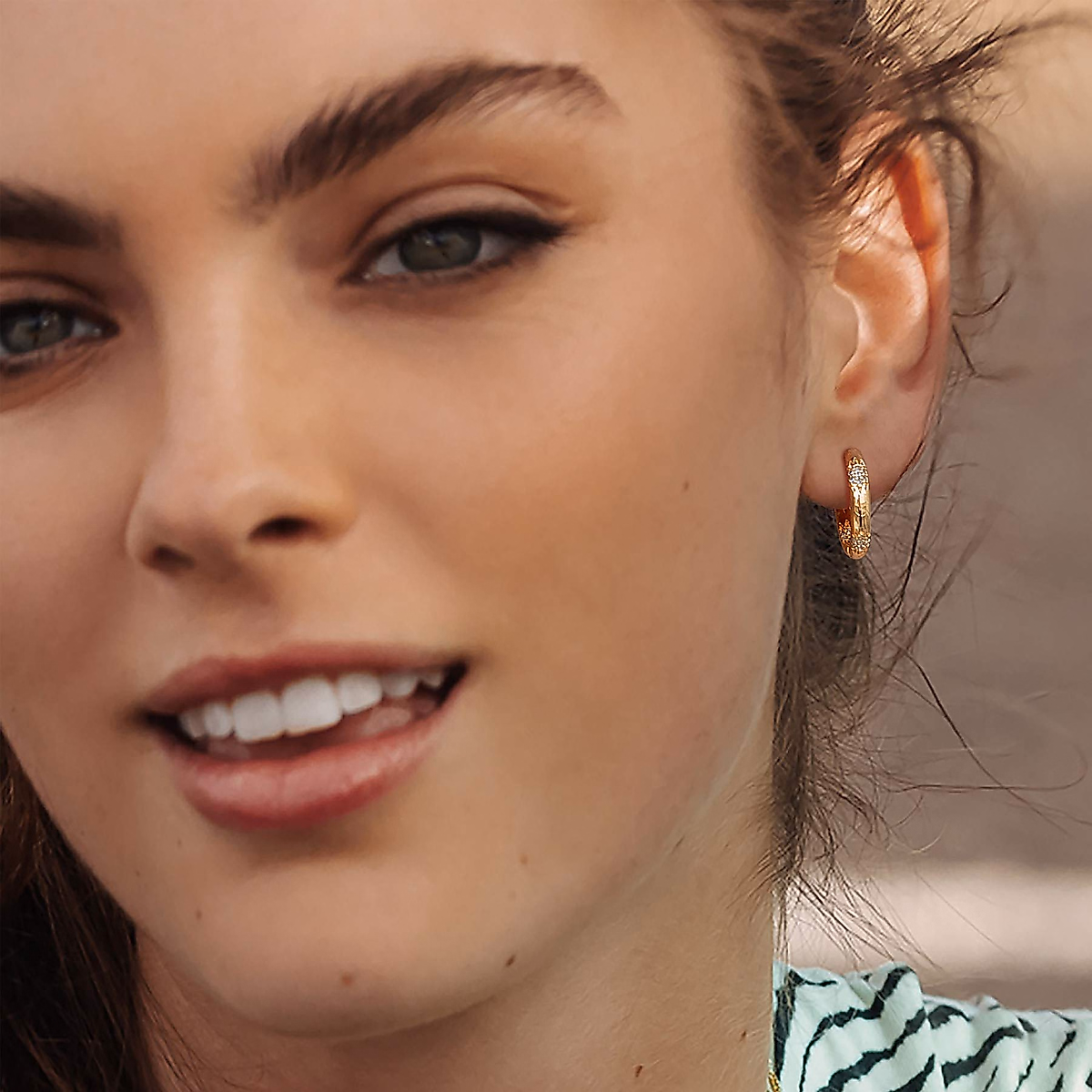 DREMMY STUDIOS Dainty Gold Carved Flower CZ Huggie Hoop Earrings for Women, 14K Gold Filled Small Chunky Thick Cuff Hoop Earrings Minimalist Jewelry