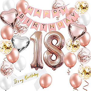 Happy 18th Birthday Party Decorations for Her Rose Gold, Jumbo Number 18 Foil Balloon, 18th Birthday Sash Cake Topper Banner Balloons, Rose Gold 18th Birthday Party Supplies for Women Anniversary