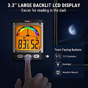 TempPro A52 Hygrometer Indoor Thermometer for Home with Comfort Level Indication Humidity Meter, Large Backlit Display Humidity Sensor with Max/Min Record for Greenhouse Basement Black