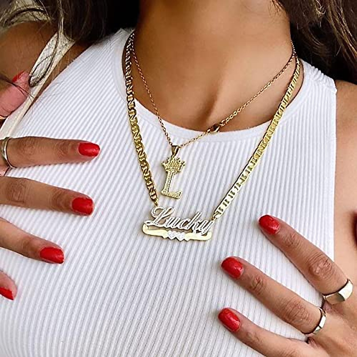 BlingSparkle Name Necklace Personalized Double Plated Nameplate Two Tone Gold and Silver Custom Name Plate Necklaces Letter Heart Choker Necklace Jewelry Gift for Women Lover Men