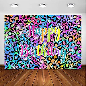 Avezano Neon Rainbow Leopard Birthday Backdrop for Girl's Sparkly Paint Splatter Cheetah Party Decorations Photography Background Rainbow Leopard Print Pattern Party Photoshoot Backdrops (7x5ft)