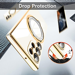 Dinick for Samsung Galaxy S22 Ultra Case with Magnetic Ring Holder [Compatible with Magsafe] [Built-in Camera Lens Protector] Glitter Electroplated Gold Sides Case for Galaxy S22 Ultra White