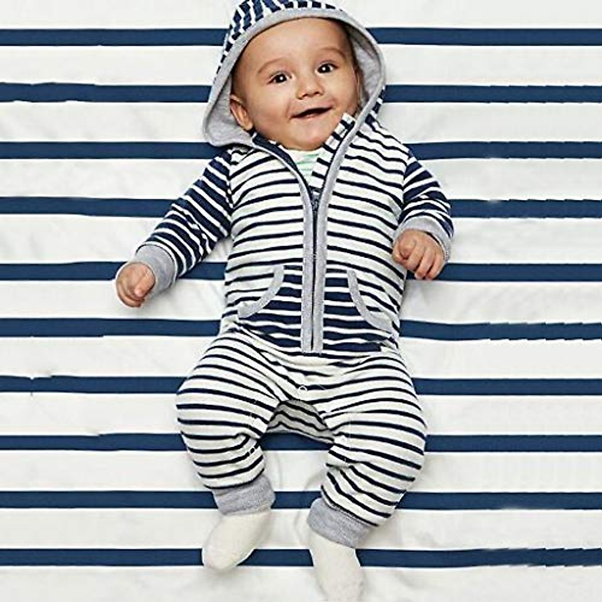 Newborn Baby Boys Outfit Mitiy Long Sleeve Rompers Striped Hoodie Jumpsuit Clothes Set