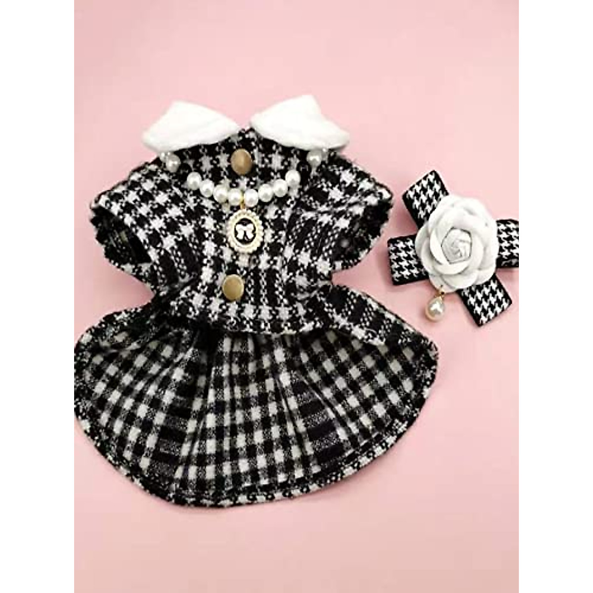 QWINEE 3pcs Dog Dress & Flower Bow & Necklace Set Geometric Princess Dress with Flower Bow Deco Puppy Skirt with Pearls Jewelry Necklace for Small Medium Cats Dogs Kitten Black and White XS