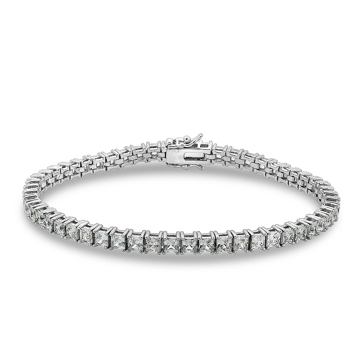 Amazon Collection Platinum Plated Silver Princess-Cut Tennis Bracelet made with Infinite Elements Cubic Zirconia (4mm), 7.25"