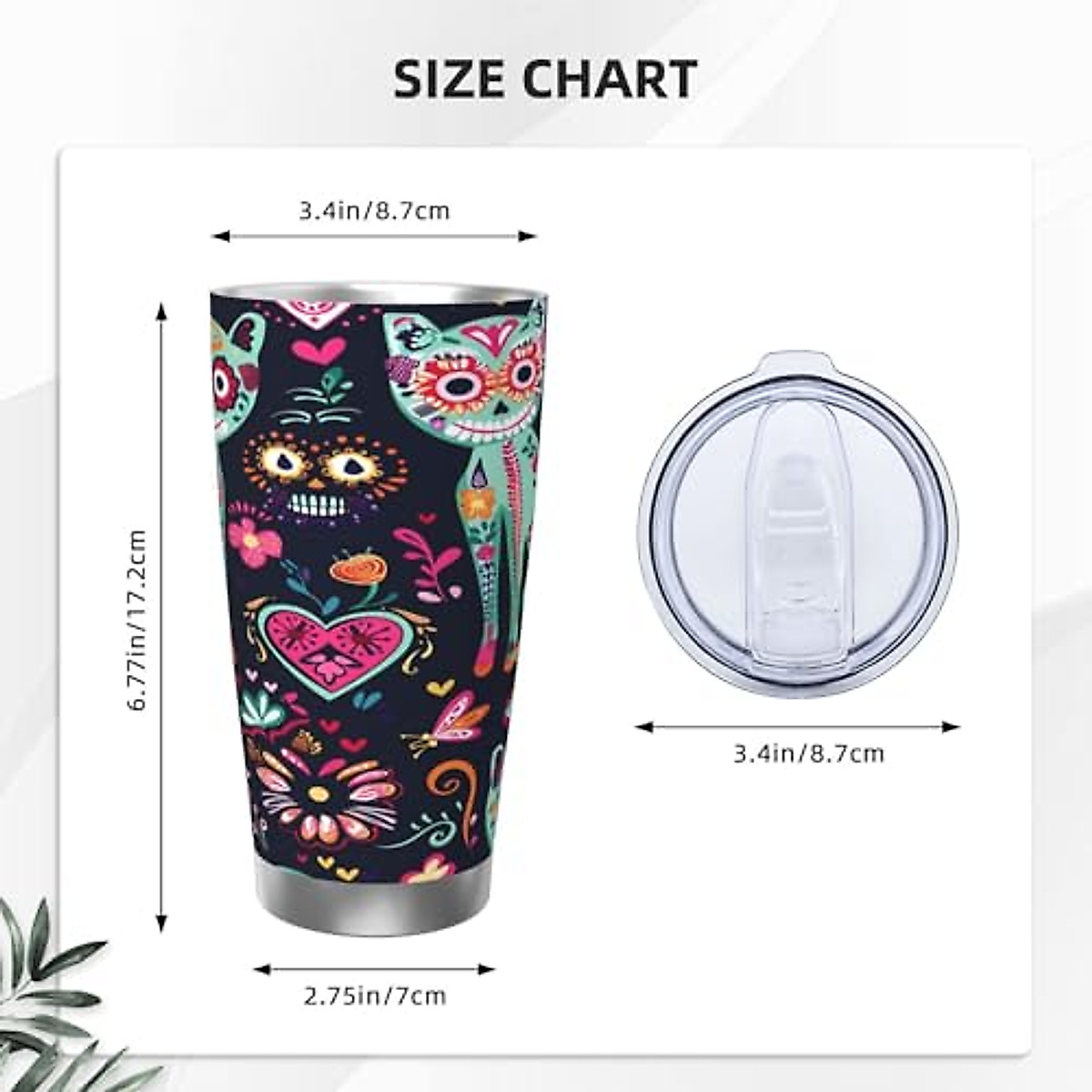 AYCZN Sugar Skull Cat 20 OZ Tumbler Stainless Steel Travel Coffee Mug, Mandala Flower Insulated Water Bottle with Lid Leakproof Thermal Cup