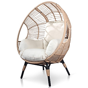 Brafab Stationary Egg Stand, Oversized Large Wicker Lounger with 8" Thick Cushion and 500 lbs Capacity, Heavy Duty Steel Frame, Rattan Basket Chair for Outdoor Patio Backyard (Natural), Cross Weave
