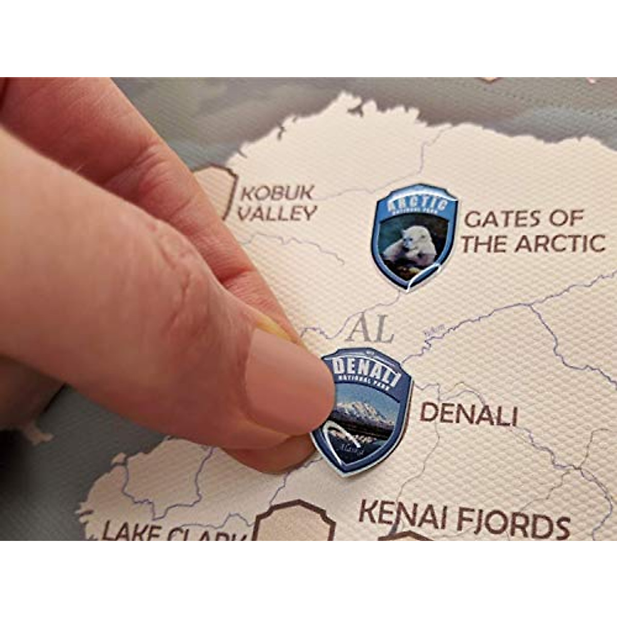 National Parks Map Push Pin, 3D Domed Stickers with 1 x 1.5 inch collection for passport book | Poster travel map in mahogany/black frame | Large map