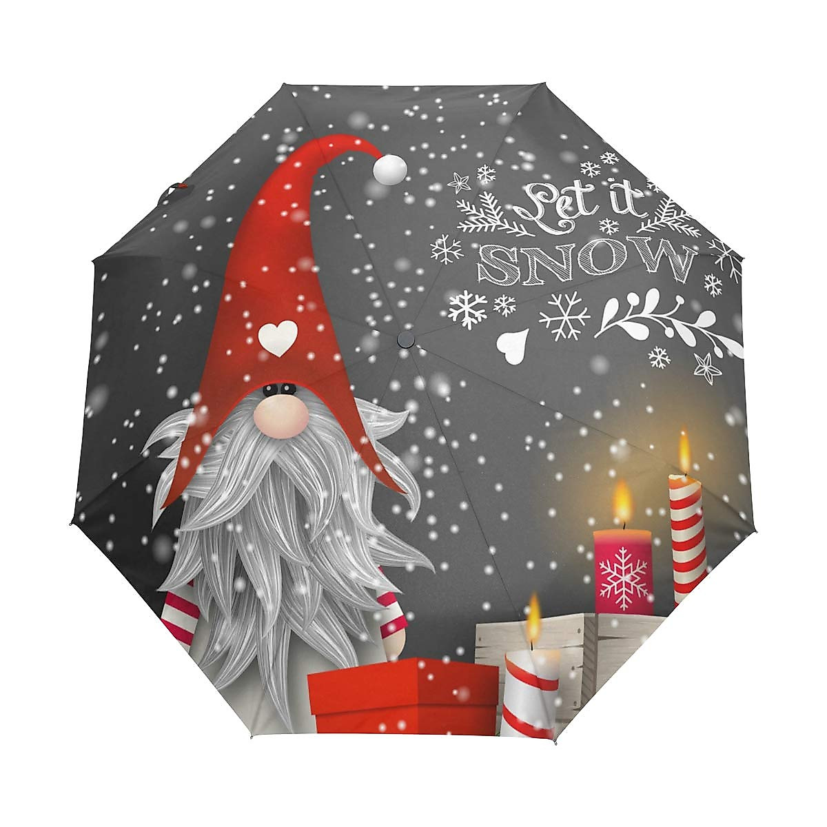 AHOMY Auto Open Close Umbrella, Christmas Gnome Candles Snowflake Gift Boxes Folding Travel Umbrellas for Rain and Sun