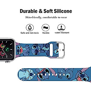 Sjiangqiao Compatible with Apple Watch Bands Stitch 41mm 40mm 38mm Cute Cartoon Band Lovely Style Replacement Strap Soft Silicone Chic Cartoon Design Pattern Sports Bands for iWatch Series SE/SE2 8 7 6 5 4 3 2 1 Men Women(Blue)