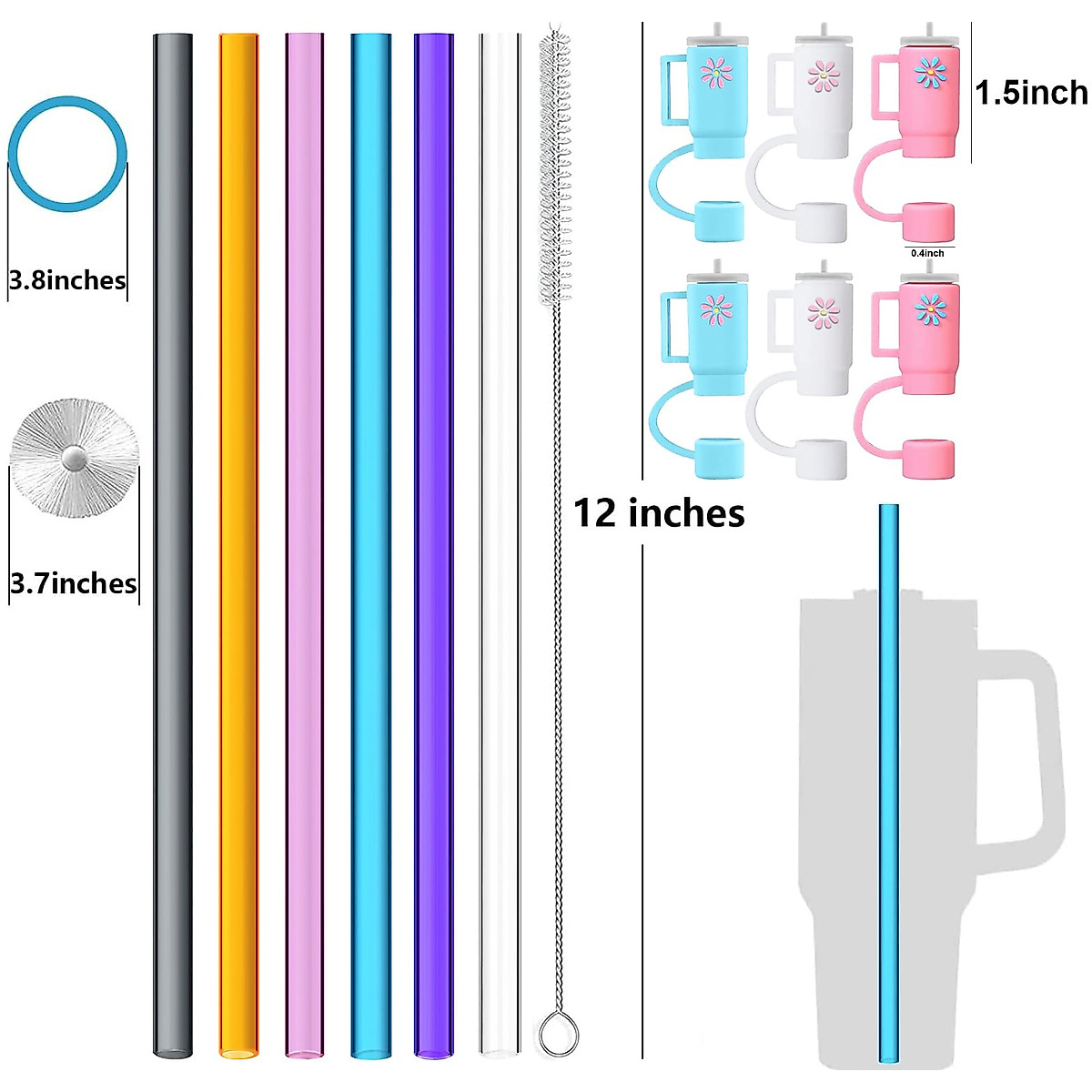 12 Pack Replacement Straws and Covers for 40 oz Stanley Adventure Travel Tumbler Cup, Reusable Plastic Straws with Cleaning Brush, Compatible with 40oz 30oz 20oz 14oz Stanley Water Jug, 12inch