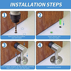 Masendelk Floor Mount Door Stopper, Heavy Duty Door Stop Brushed Nickel Doorstop with Rubber Bumper & Stainless Steel Screws, 3 Inch Height