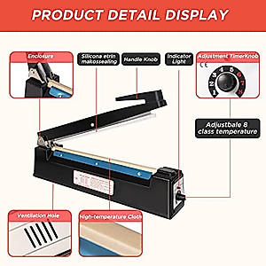 Impulse Heat Sealer 12 Inch Seal Bag Machine,5MM Sealing Width 110V Portable Handheld Shrink Wrap Heavy Duty Sealers for Mylar/Plastic/Poly/Cookie Bags-2 Fuse & Strip Replacement Kits