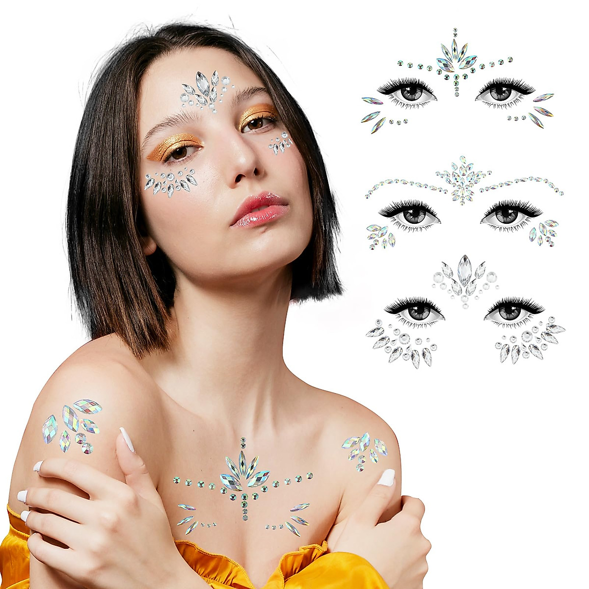 simarro Halloween Face Gems, 3 Sets of Temporary Tattoos Face Sticker Glitter Gemstones Rhinestones Eyes Face Body Tattoos for Music Festival Party Makeup Outfit Accessories