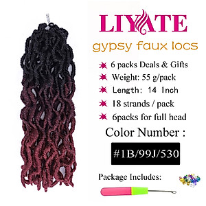 14 Inch Goddess Faux locs Crochet Hair 6 Packs/Lot Soft Gypsy Locs Wavy Crochet Braids Dreadlocks 3 Tone Curly Wavy Twist Braiding Hair Extensions African Roots Braid（#1B/99j/530)