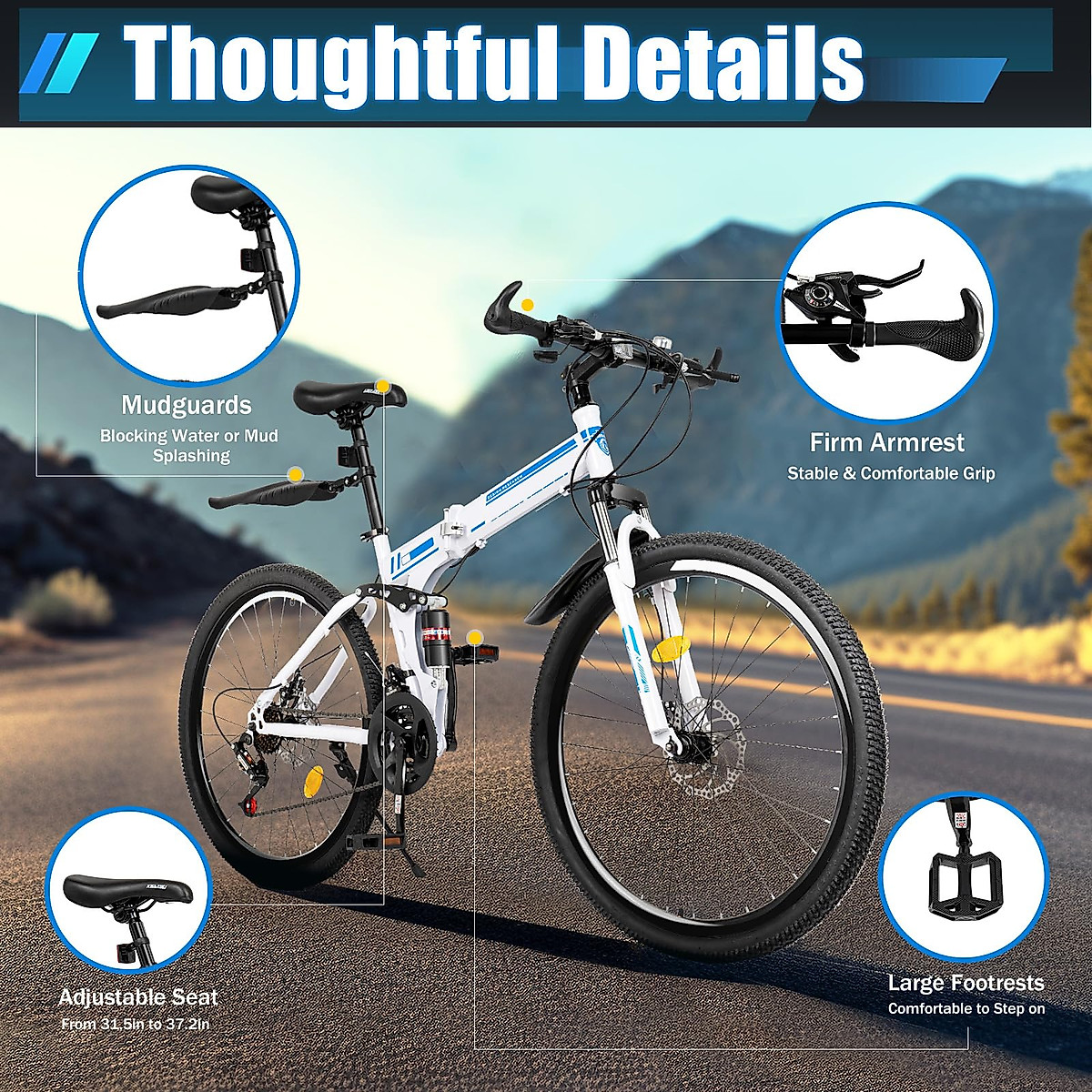 TOWOHIPPKI Folding Mountain Bike for Men Teenagers, 26 Inch Wheels 21 Speed Adult Bikes Carbon Steel Foldable Mountain Bike, Front and Rear Brakes, Blue & White