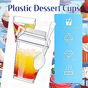 Weewooday 200 Pcs Clear Plastic Dessert Cups with Lids and Spoons Parfait Cups with Lids Dessert Cups with Lids Disposable Dessert Containers for Ice Cream Appetizer Pudding, 2 oz, 3.3 oz, 5 oz, 7oz