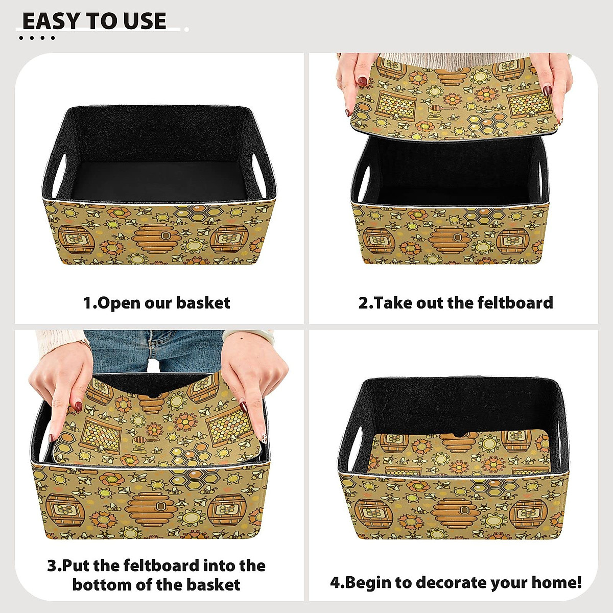 Beekeeping Bee Honey Storage Basket Bins Set (2pcs) Felt Collapsible Storage Bins with Fabric Rectangle Baskets for Organizing for Office Bedroom Closet Babies Nursery Toys DVD Laundry