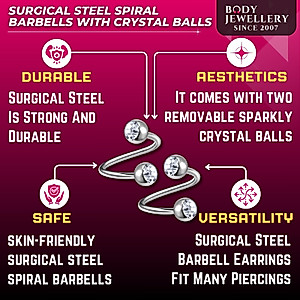 bodyjewellery 14g 1/2 Surgical Steel eyebrow lip navel bar ear tragus twister ring spiral barbell 6mm balls Clear Piercing 2Pcs AMAM