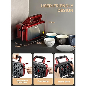 3-in-1 Sandwich Maker, 1200W Grill, Waffle and Sandwich Maker, 5 Speed Temperature Control, 3 Non-Stick and Removable Plates, Cold Touch Handle, LED Light Indicators, BPA Free, Red