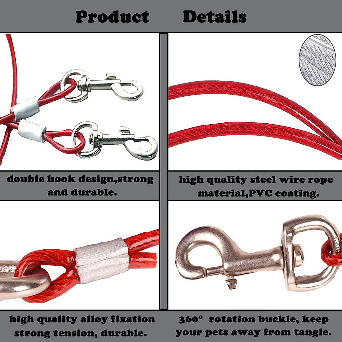 Love Dream Dog Tie Out Cable for Dogs Up to 125 Pounds, Super Heavy and Bite Resistant, 16ft Length Available Dog Lead Line for Yard, Camping, Park, Outside (16ft, Red)