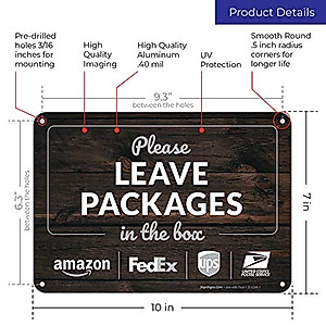 Package Delivery Sign, Please Leave Packages In The Box Wood Background, 10x7 Inches, Rust Free .040 Aluminum, Fade Resistant, Indoor/Outdoor Use, Made in USA by Sigo Signs