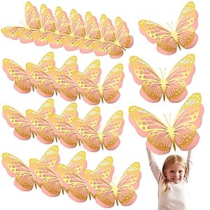Geosar 20 Pcs 3D Large Butterfly Party Decoration 2 Layer Giant Paper Butterfly Stickers Big Butterfly Wall Decoration Set Large Butterfly for Birthday Baby Shower Nursery (Gold,Pink)