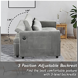 Convertible Sofa Bed Twin Size, 3 in 1 Sleeper Loveseat with Pull-Out Bed, Upholstered Velvet Futon Couch Bed with USB Port and Side Pocket, Hide Sleep Sofa for Small Spaces, Grey, Rhombic Pattern