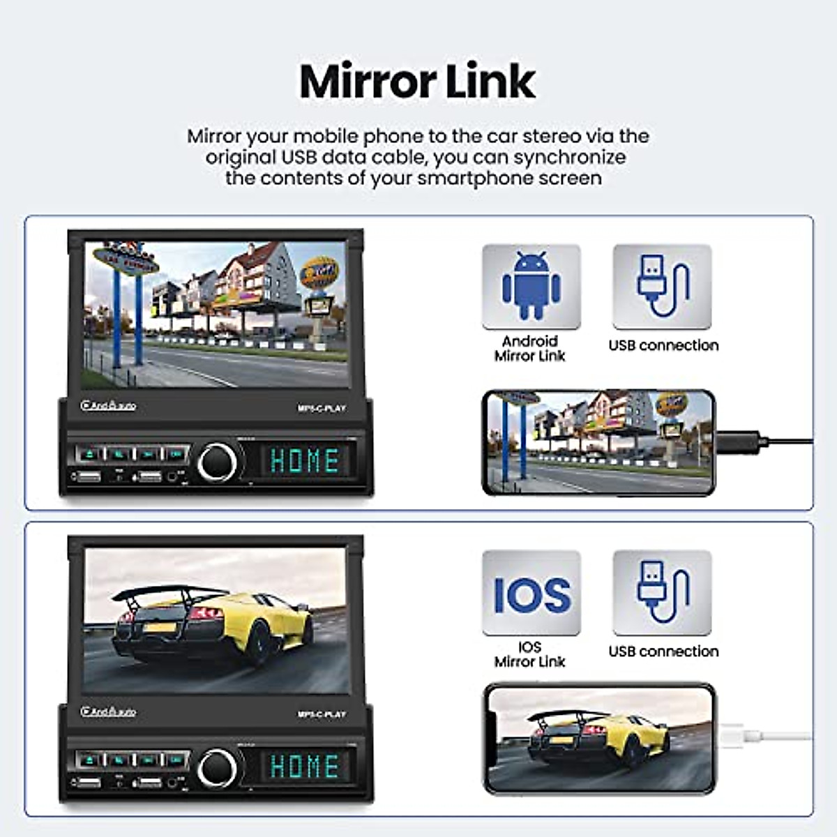 Single Din Flip Out Touch Screen Car Stereo with Apple Carplay and Android Auto, 1 Din Radio Support Bluetooth Mirror Link Remote Control USB TF Card FM Radio Microphone