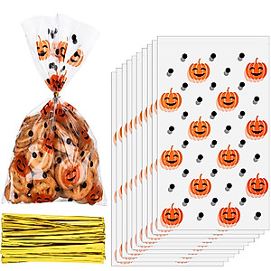 Halloween Pumpkin Print Cone Cellophane Bags Heat Sealable Halloween Treat Candy Bags Gift Bags and Golden Twist Ties for Halloween Treat Party Favor (100 Sets)