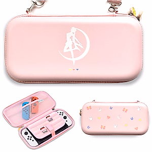 BelugaDesign Moon Switch Carrying Case | Pastel Hard Travel Shell Compatible with Nintendo Switch Standard Lite OLED | Cute Moon Silhouette Heart Magic Bow Design (Pink)