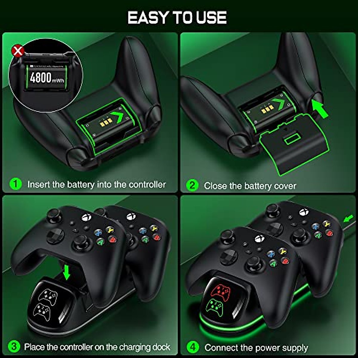 Controller Charger Station with 2x4800mWh Rechargeable Battery Packs for Xbox One/Series X|S Controller, Dual Charging Dock for Xbox One Controller Battery Pack with 4 Batteries Covers for Xbox