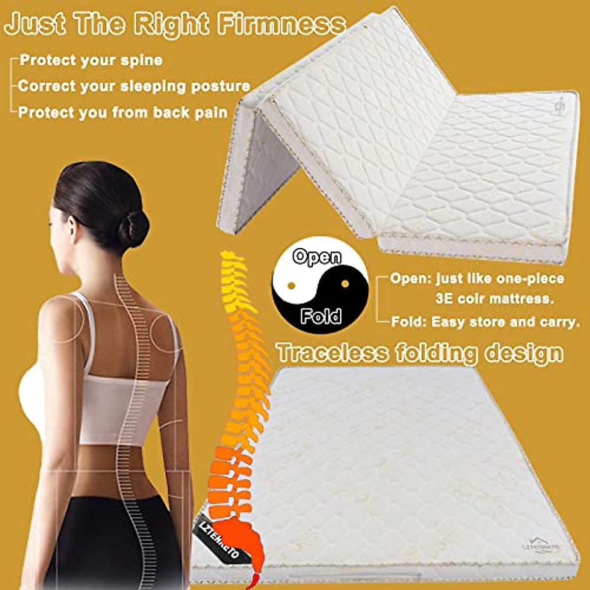 LZTENRETO Firm Coir Mattress, 3E Coconut Coir Mattress Pad, Quiet Coconut Palm Mattress, Thick Coir Mattress Pad in 6cm,9cm,11cm, Foldable (White-B,Queen 9cm)