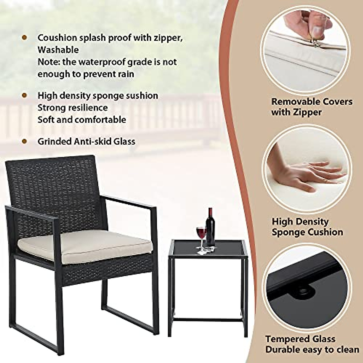 FDW Wicker Patio Furniture 3 Piece Patio Set Chairs Bistro Set Outdoor Rattan Conversation Set for Backyard Porch Poolside Lawn