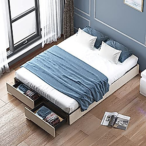 ijuicy Cal King Bed Frame with Storage Drawers.Upholstered Platform Bed Without Headboard,Wood Slat Support,Footboard with Drawer.No Box Spring Needed/Easy Assembly(Cal King,Beige)