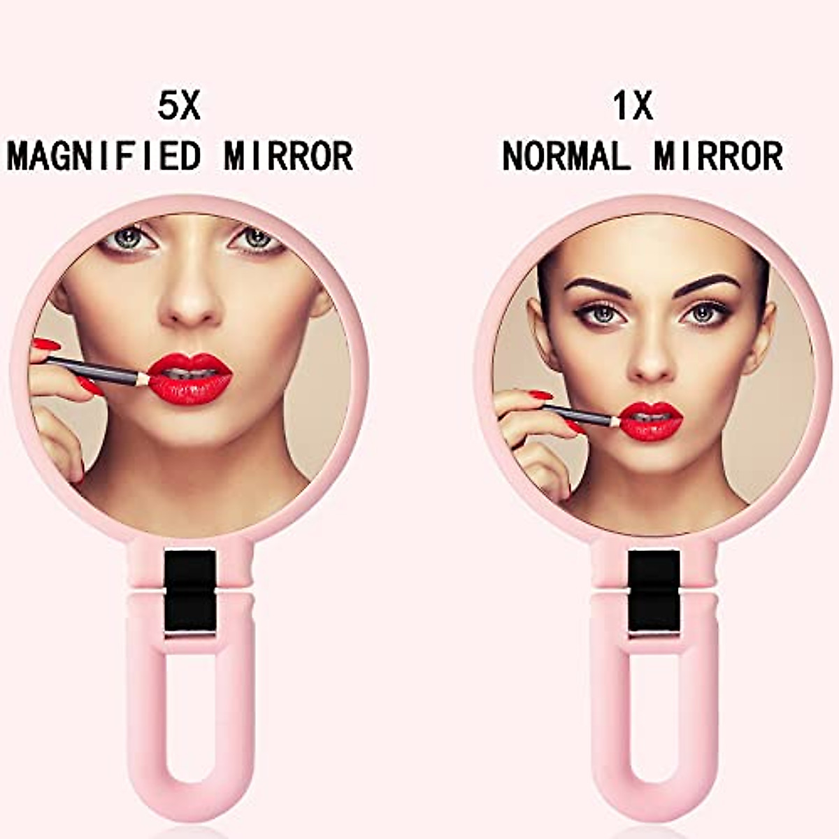 ANEIMIAH 1x 5X Magnifying Travel Hand Held Vanity Mirror,Compact Double Side Folding Magnification Hand Mirror for Women with 360°Rotating Handle Table Desk Small Round Make up Mirrors Pink