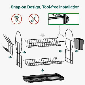 iSPECLE Dish Drying Rack - 2 Tier Small Dish Racks for Kitchen Counter with Glass Holder, Utensil Holder and Drainboard, Small Dish Dryer Rack, Multifunctional Dish Drainer, Black