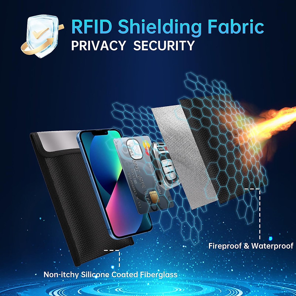 Upgraded 2 Pockets Faraday Bags(2 PACK), RFID Signal Blocking Faraday Pouch for Phones Car Key, Fireproof Waterproof Phone Charging Explosion-Proof, Aluminum Foil Reflective Strip Anti-Theft(10"×4.7")