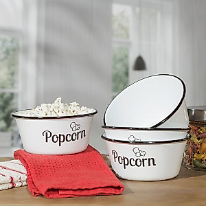 White Enamel Popcorn Bowl with Black Lettering, Set of Four