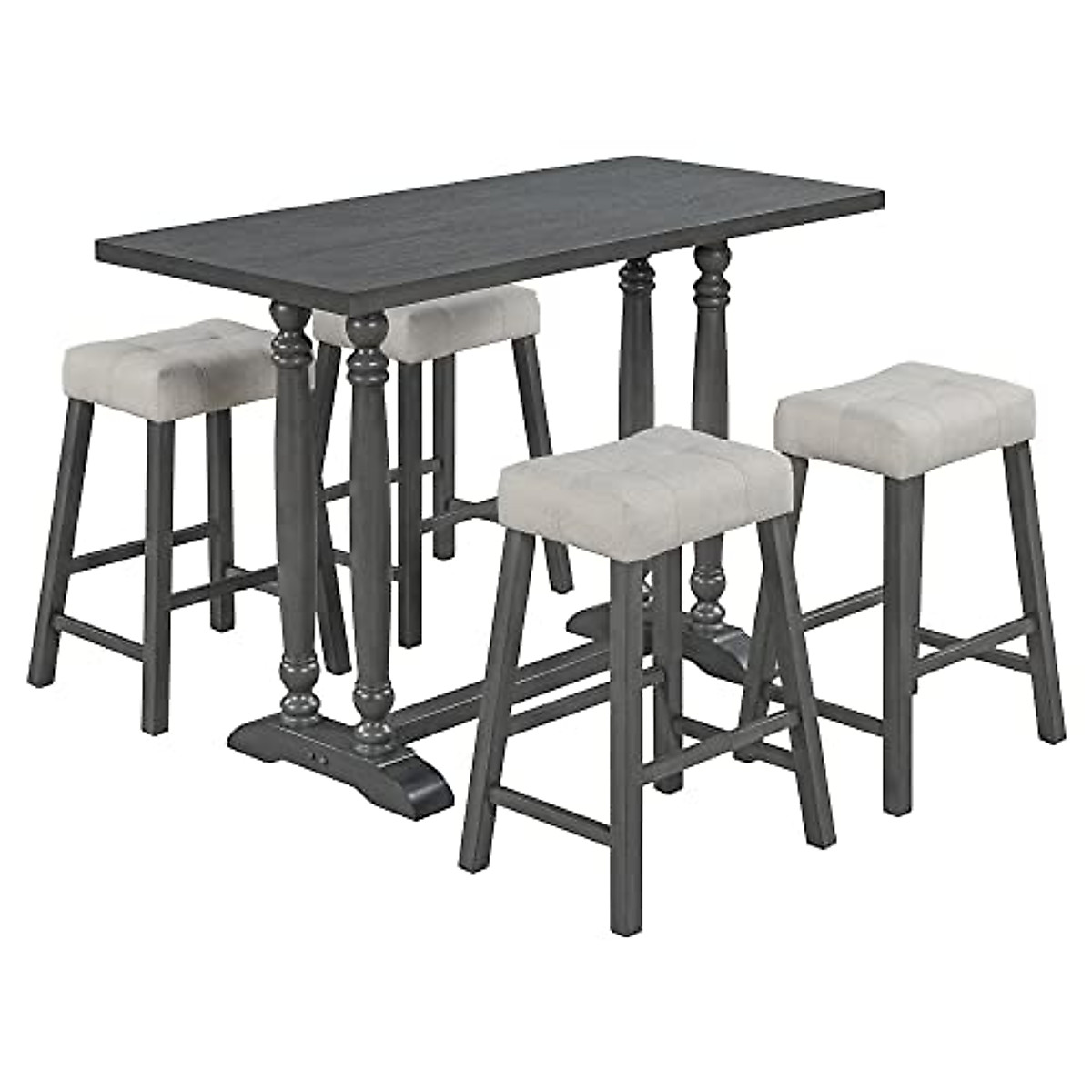 5-Piece Rustic Dining Table Set with 4 Upholstered Stools, Counter Height Kitchen Furniture, 5-Piece Dining Table Set for Kitchen, Dining Room (Gray)