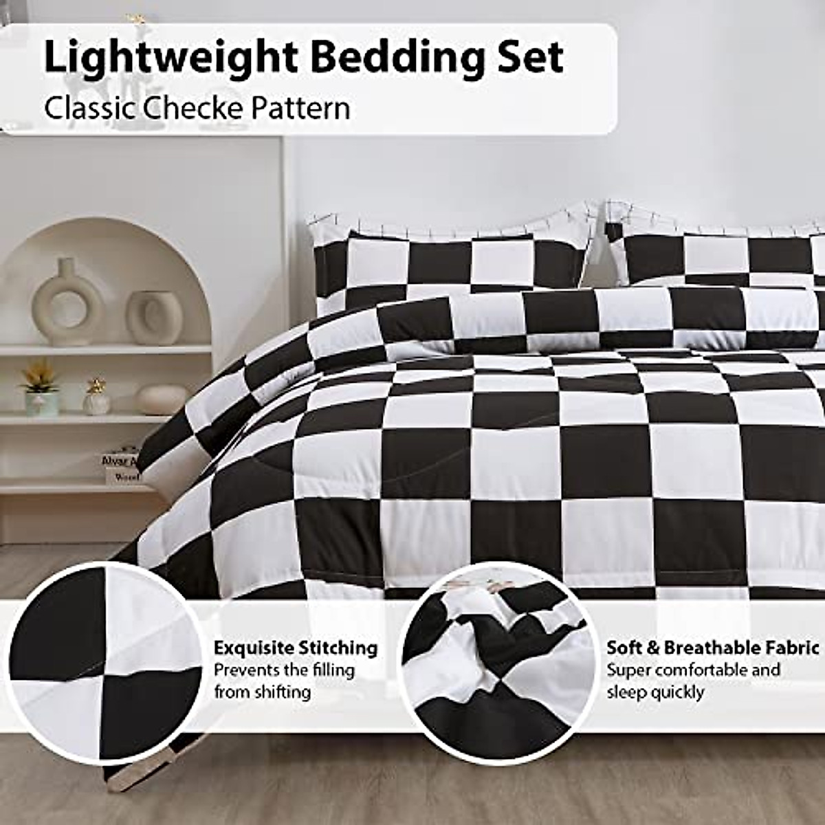 LUCKYBULL Comforter Set Twin Bedding Set Fluffy Black Plaid Down Alternative Comforter, Checkered Soft Textured Comforter with 1 Pillowcase All Seasons, Black and White 2 Piece