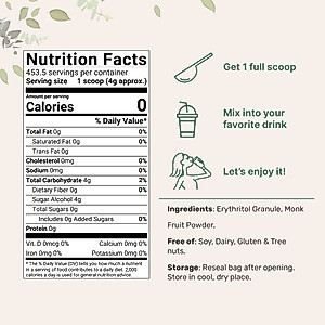 Monk Fruit Sweetener with Erythritol Granules, 4 Pounds, No After Taste, 1:1 White Sugar Substitute, Keto Diet Friendly, Zero Calorie, Natural Sweetener for Drinks, Coffee, Tea, Cookies, No-GMO, Vegan