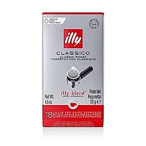 Illy Classico E.S.E. Pods , Medium Roast, Classic Roast with Notes of Chocolate & Caramel, 100% Arabica Coffee, All-Natural, No Preservatives, 18 Count (Pack of 1)