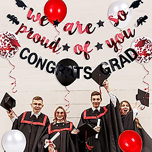 Red Black 2023 Graduation Party Decorations We are So Proud of You Congrats Grad Graduation Banner Graduation Cap Diploma Star Garland Backdrop for Congratulations 2023 Grad Party Supplies