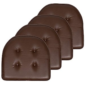 Sweet Home Collection Chair Cushion Memory Foam Pads Tufted Slip Non Skid Rubber Back U-Shaped 17" x 16" Seat Cover, Faux Leather Chocolate Brown 2 Count (Pack of 2)