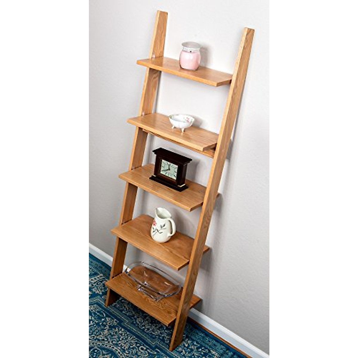Premium Leaning Ladder Shelf, NO ASSEMBLY REQUIRED, MADE IN THE USA, Beautiful wood finish, Easy setup, Sturdy, Durable, Smooth, Easy to Move and Set Up, Multiple Finish Options (Natural Oak)