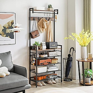 IBUYKE Coat Rack Shoe Rack, 4 in 1 Multi-Function Hall Tree with Slant Adjustable Shoe Storage, 5-Tier Storage Shelf and 9 Hooks Removable, Industrial Accent Furniture for Entryway, UTXJ008H