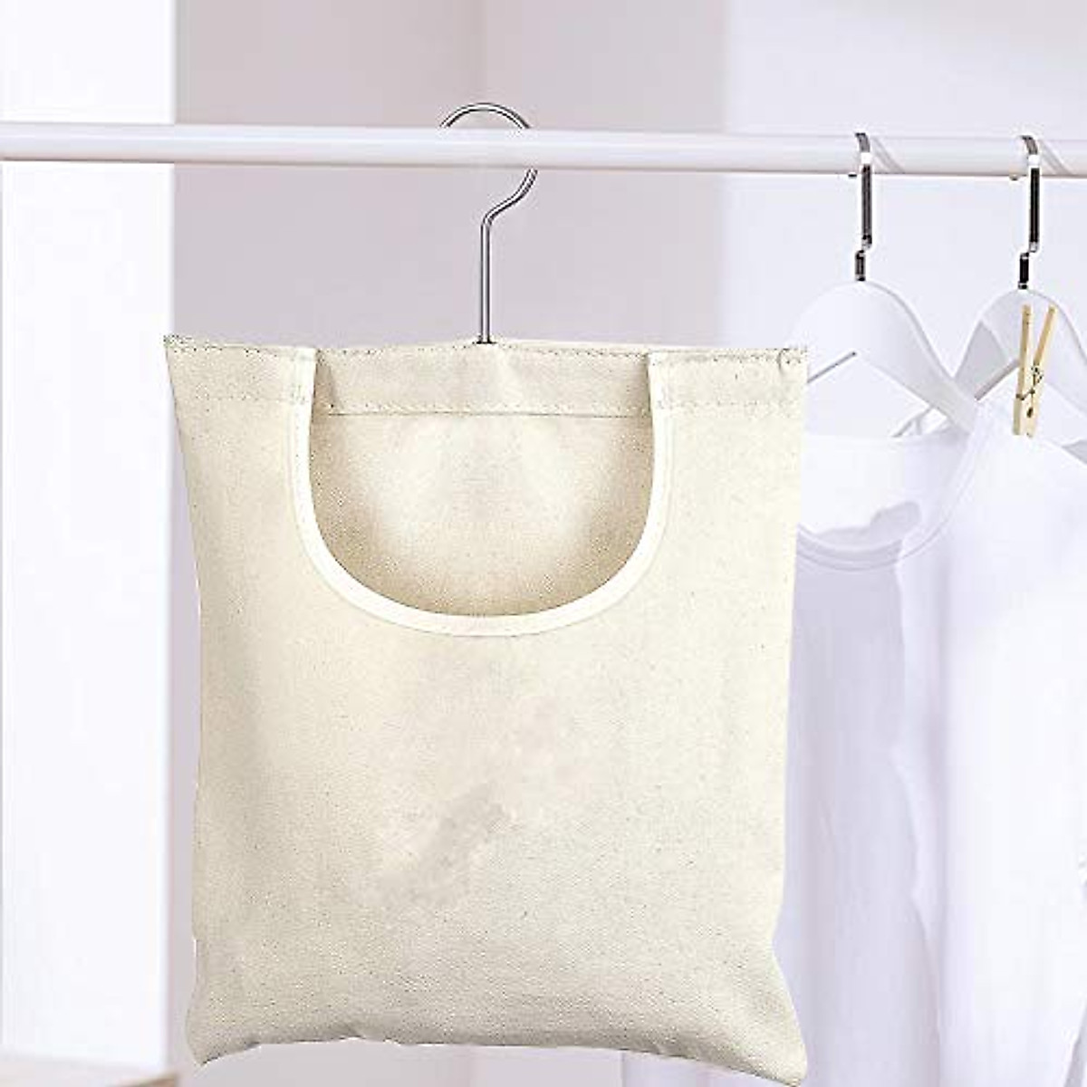 JIANWEI Canvas Clothespin Bag, Clothes Pins Bag Holder, Laundry Clothes Pin Storage Organizer with Hook, Portable Hanging Storage Organizer For Home Balcony Travel(Beige)