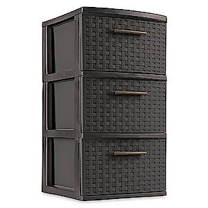 Sterilite 3 Drawer Wicker Weave Decorative Storage Organization Container Cabinet Tower with Driftwood Handles, Espresso (8 Pack)